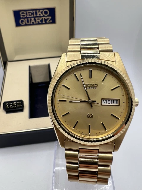 VINTAGE NEW OLD Stock Seiko SQ President Fluted Bezel Gold Tone Day Date Classy £267.00 ...