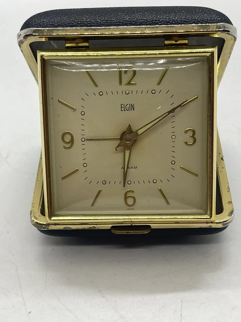 VTG ELGIN TRAVEL Alarm Clock Black Clamshell Wind-Up Luminous Hands ...