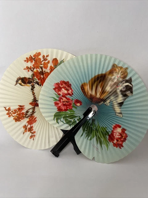 VINTAGE 2 FOLDING Fans Bird Kittens Metal Handle The Peoples Republic ...
