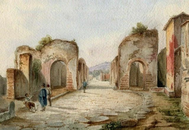 ANTIQUE OLD MASTER Drawing Original 19th century - Pompei, Italy, Ruins ...