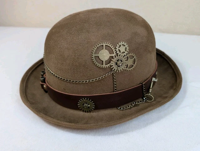 STEAMPUNK BOWLER HAT Brown Faux Suede Gears Chain Victorian Costume £20 ...