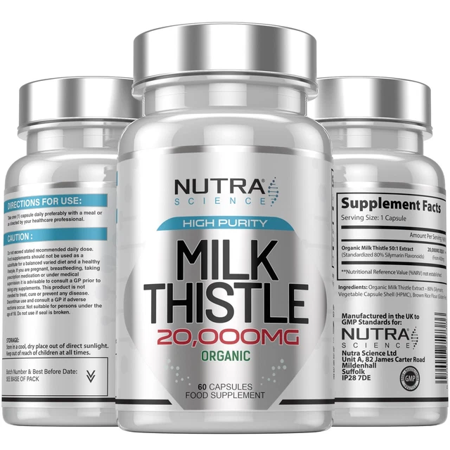 ORGANIC MILK THISTLE Supplement (80% Silymarin) 20,000mg 60 count (Pack ...