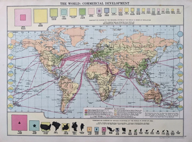 1928 CARTE MONDE Commercial Development Navire A Vapeur Routes ...