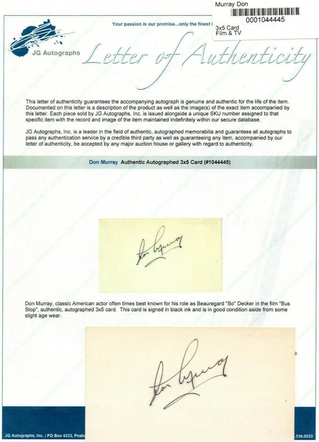 VINTAGE: &MARILYN MONROE Co-Star" Actor Don Murray Signed Card & C.o.a ...