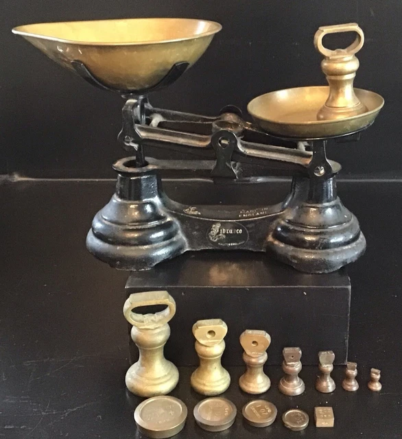VINTAGE BLACK CASE Iron Librasco Kitchen Scales With Large Set Of Brass ...