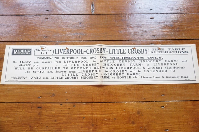 1942 LIVERPOOL CROSBY Ribble Motor Services Bus Timetable Poster £15.99 ...