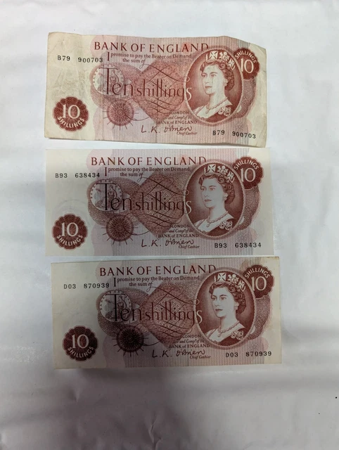 3 X O'BRIEN Ten Shillings 10 bob bank notes £0.01 - PicClick UK