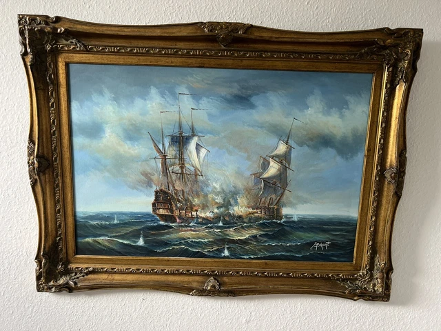 GEMÄLDE AUF LEINWAND, Segelschiffe Seeschlacht Battle at Sea, signiert J. Rykart EUR 250,00 ...