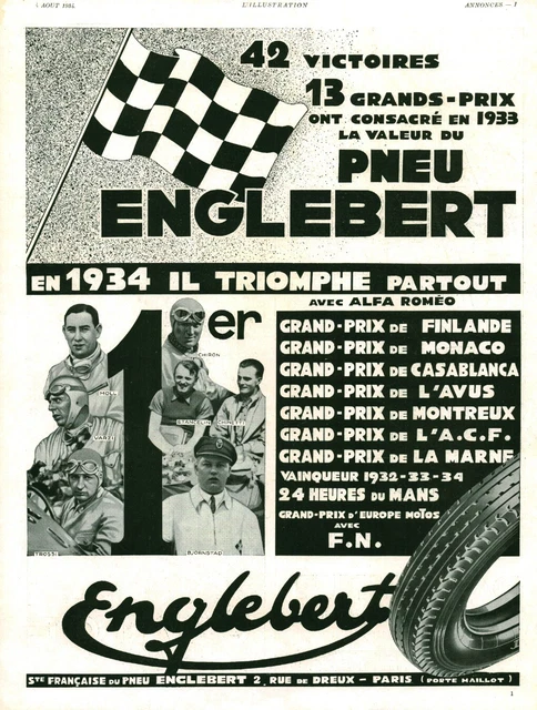 PUBLICITÉ ANCIENNE PNEU Englebert il triomphe partout 1934 issue de ...