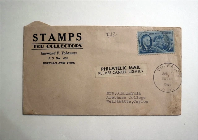 PHILATELIC MAIL STAMPED Envelope Buffalo NY Ceylon 1949 Contents Intact ...