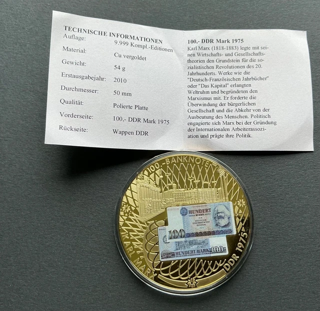 DDR WÄHRUNG 100 Mark Banknote Karl Marx 1975 Medaille mit Zertifikat Ø ...