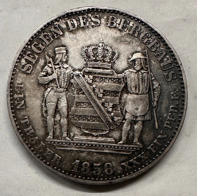 SACHSEN EIN THALER 1858 Ausbeutetaler Segen Des Bergbaus Iohann V König ...