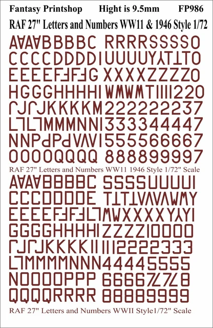 RAF NUMBERS AND Letters 27" transfers decals WWII & 1946- FP986 DULL ...