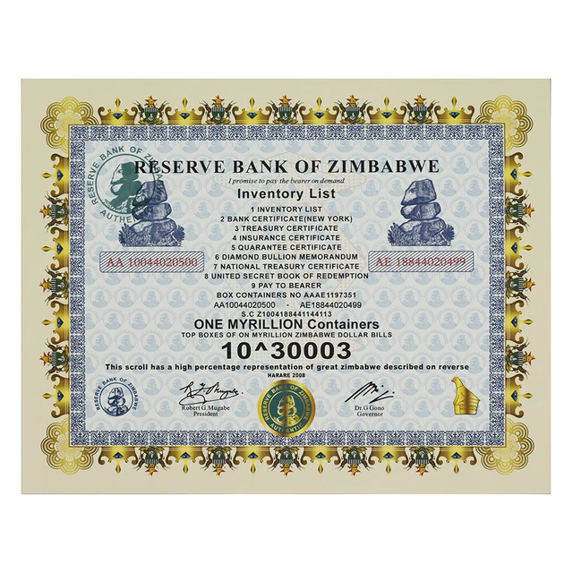 ZIMBABWE ONE MYRILLION Containers Certificate 10^30003 Banknote With UV ...