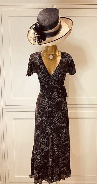 JAEGER UK 12/14 Black Mixed Silk Chiffon Long Floral Print Faux Wrap ...