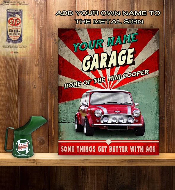 PERSONALISED MINI COOPER RED GARAGE MAN CAVE Retro Vintage Metal Wall ...