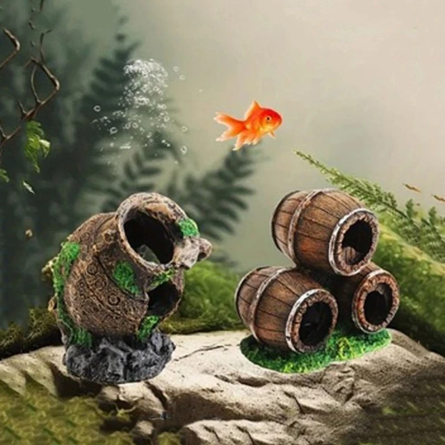 REALISTIC BROKEN BARREL Landscaping Fish Shrimp Hiding Cave Fish Tank ...
