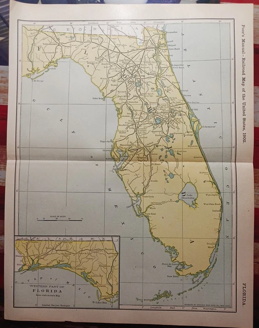 1902 DATED TRAIN Route Map FLORIDA all Railroad Lines Stations 11"×9 ...