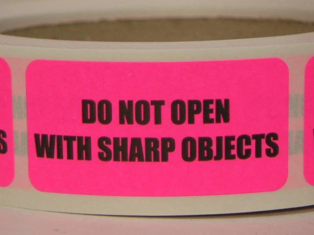 250 STICKERS 1X2 Warning Label DO NOT OPEN WITH SHARP OBJECTS fluor ...