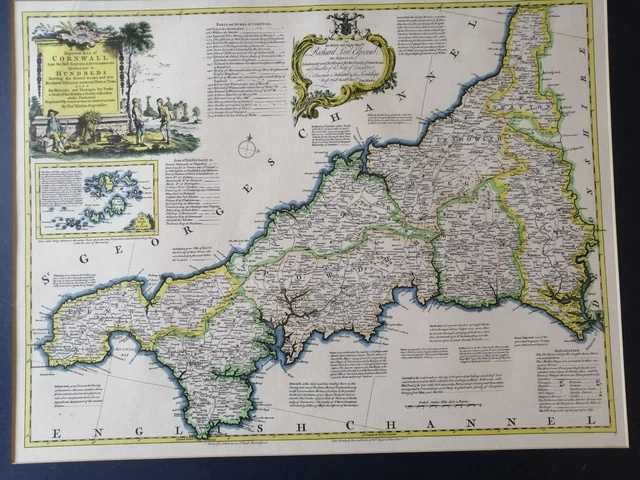 MAP CORNWALL, 1700'S divided into Hundreds, in wooden frame. Historical ...