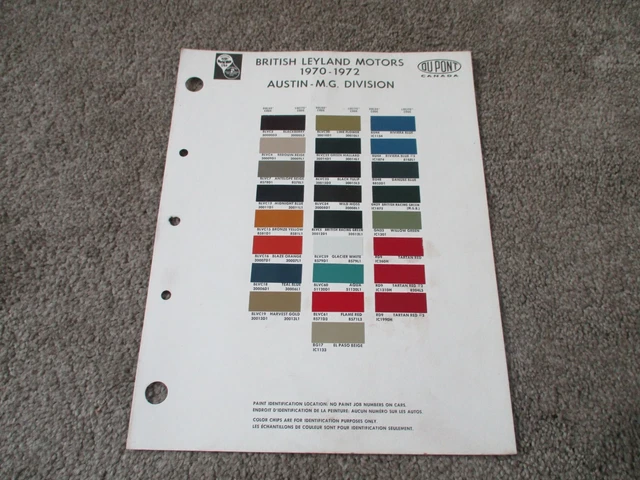 PAINT COLOR REFERENCE Sample Paint Chips British Leyland 1970 To 1972 ...