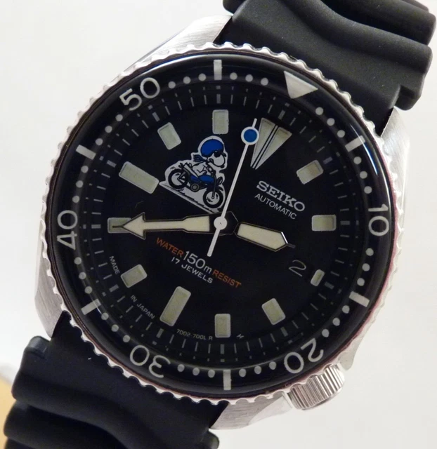 SEIKO CERAMIC BLACK Snoopy Motorcycle Automatic Diver Date Watch Custom ...