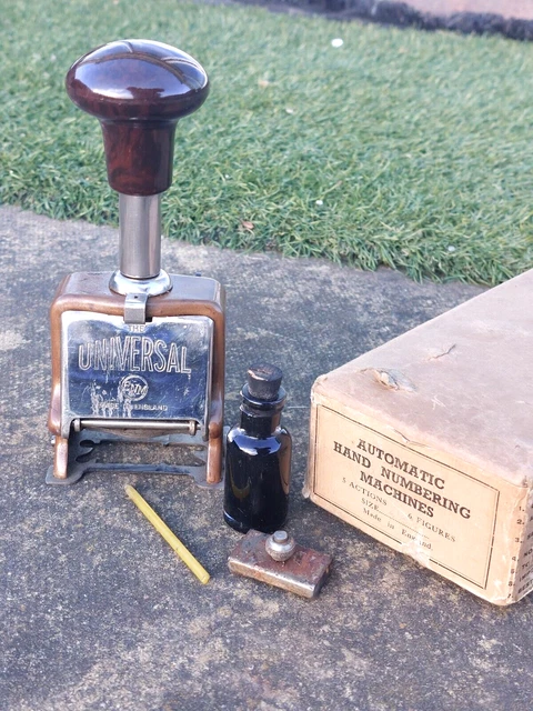 RARE UNIVERSAL ENM Automatic Hand Numbering Machine~ Ink & Pad~ Boxed ...