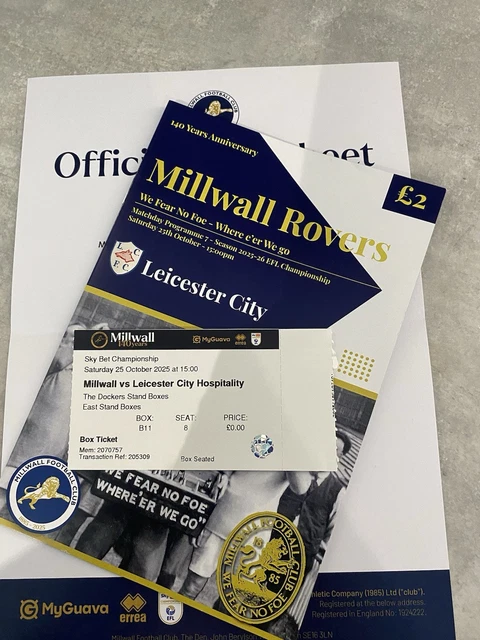 MILLWALL V LEICESTER 2025/26 Matchday program team sheet and ticket £5. ...