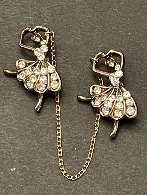 VINTAGE BALLERINA DOUBLE Pin w/ Chain Ballet Dancers Gold Tone ...