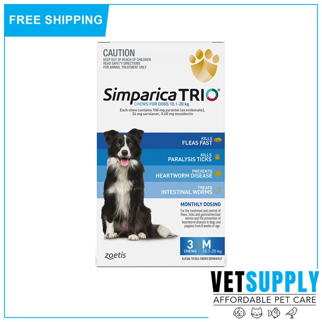 SIMPARICA TRIO FOR Medium Dogs 10.1 to 20 Kg Blue 3 Chews Full Protection $54.06 - PicClick AU