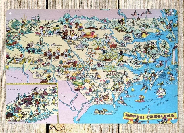 PICTORIAL MAP OF NORTH CAROLINA state by Ruth Taylor 1935 metal tin ...