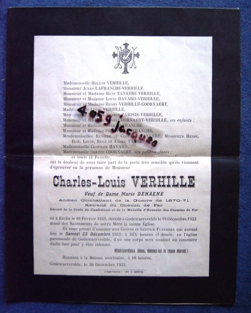 FAIRE PART DE décès 1933 GODEWAERSVELDE / Charles VERHILLE / SNCF / guerre 1870 EUR 6,00 ...