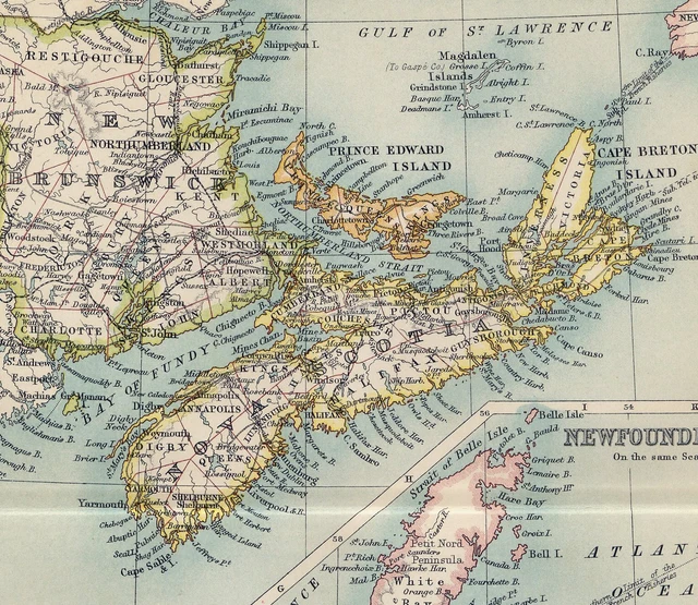 1912 ANTIQUE MAP Of Newfoundland New Brunswick Nova Scotia / Verso ...