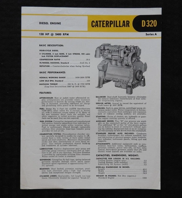 1960 GENUINE CATERPILLAR D320 Series A Diesel Engine Specification ...