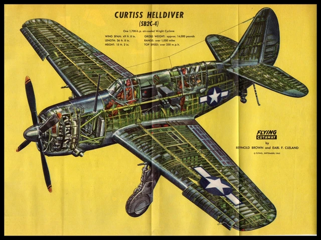 1945 CURTISS HELLDIVER SB2C4 Wright Cyclone Engine Cutaway 2-Page Color ...