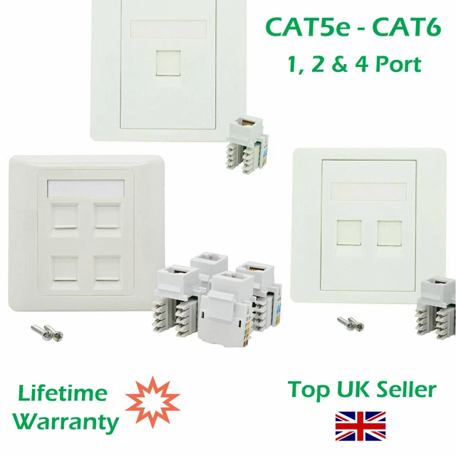 1, 2 & 4 Port CAT5E CAT6 Network Wall Socket RJ45 LAN Faceplate Single ...