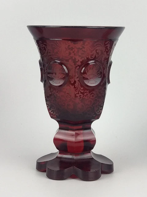 ANTIQUE EGERMANN GOBLET Bohemian ruby red cut to clear medallions love ...