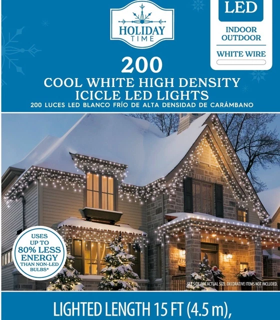 HOLIDAY TIME 200-COUNT Cool White LED Icicle Christmas Lights White ...