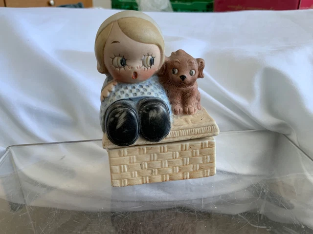 VINTAGE SCHAFER & Vater Chloe Preston Peek A Boo Girl & Dog Trinket Box ...