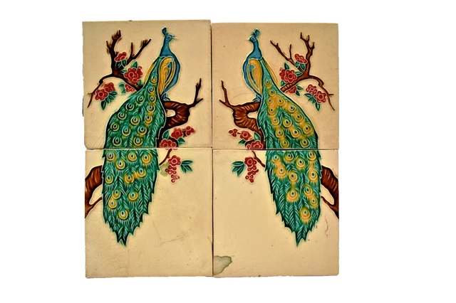 ANTIQUE PEACOCK TILES Art Nouveau Majolica Japanese Panel For Fireplace ...