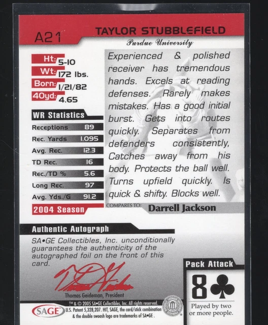 AUTOGRAPHES TAYLOR STUBBLEFIELD 2005 SAGE HIT #A21 argent EUR 11,03 ...