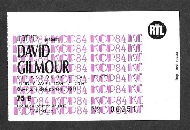 RARE TICKET BILLET Concert- David Gilmour Live Strasbourg France 1984 ...