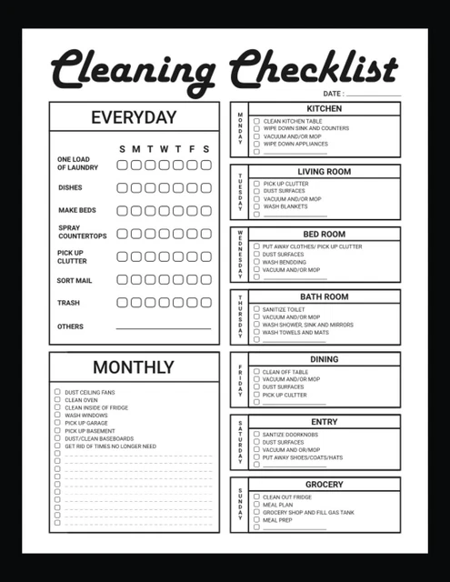 CLEANING CHECKLIST DAILY Weekly and Monthly Cleaning Schedule Checklist ...