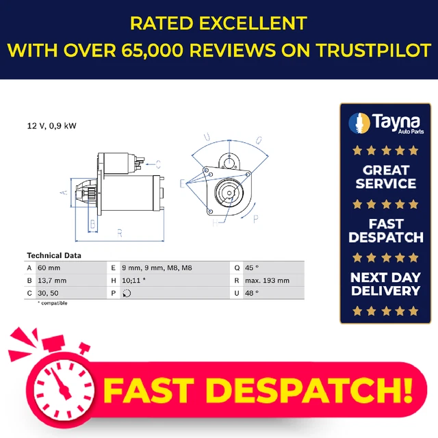 STARTER MOTOR FITS CITROEN C3 AIRCROSS Mk2 1.2 2017 on Bosch V754089780 ...