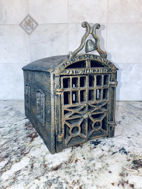 RARE PAT 1882 Cast Iron Engine House 518 Money Bill Bank Holder Fire ...