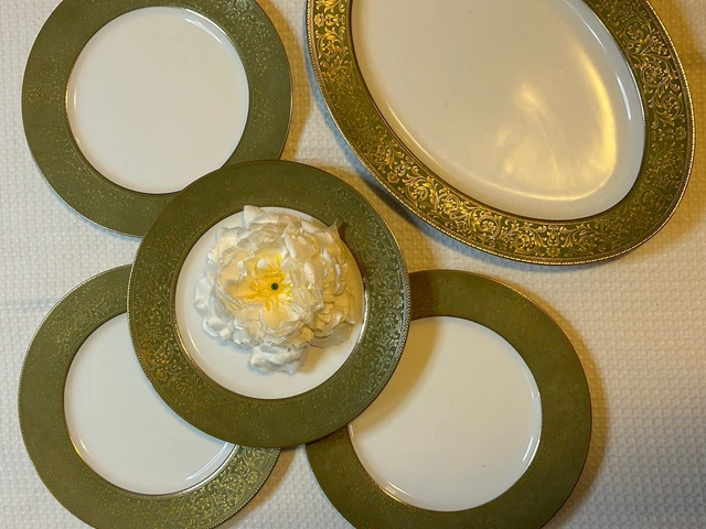 SANGO CHINA VERSAILLES #3632 Green Gold Trim 4 Dinner Plates & 1 ...