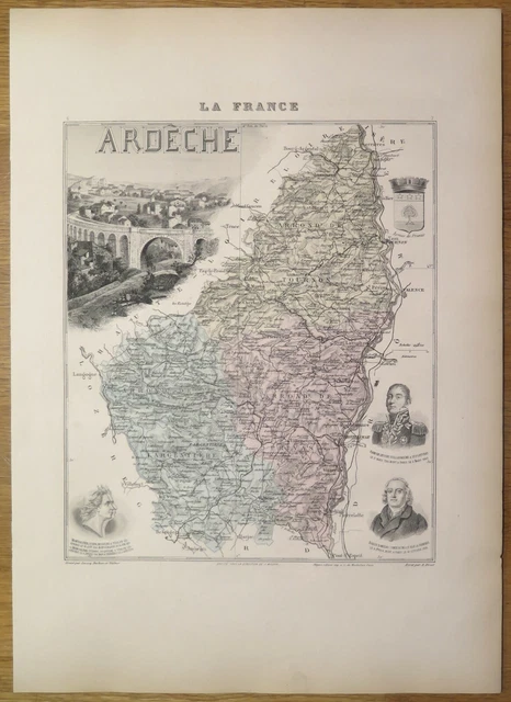 ORIGINAL ENGRAVING FROM 1895 - map of the department of Ardèche £7.33 ...
