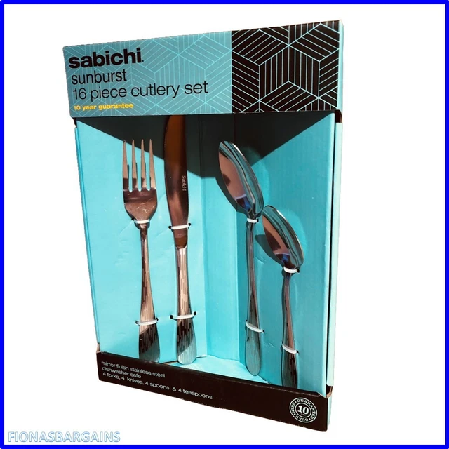 NEW SABICHI SUNBURST 16 Piece Mirror Finish Stainless Steel Cutlery Set ...