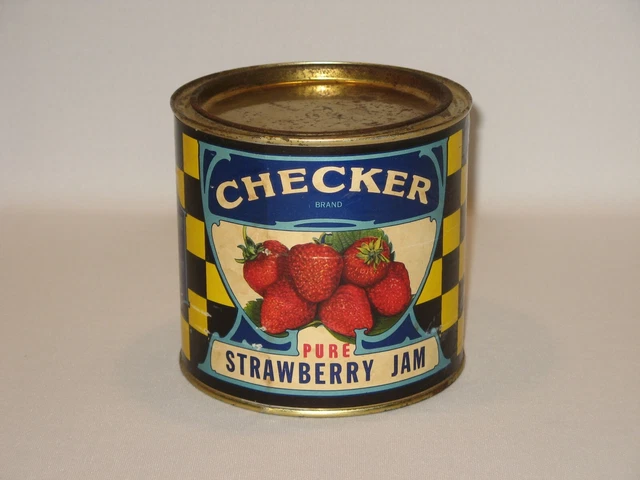 VINTAGE CHECKER PURE Strawberry Jam Tin/Can - Paper Label - Mission ...