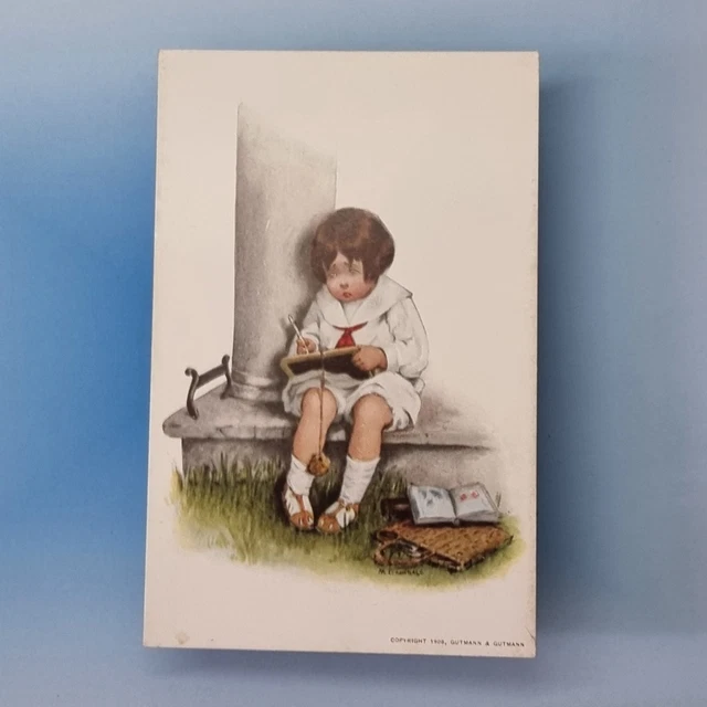 ARTIST SIGNED POSTCARD C1908 Child Homework Boot Scraper M Grimball $21 ...